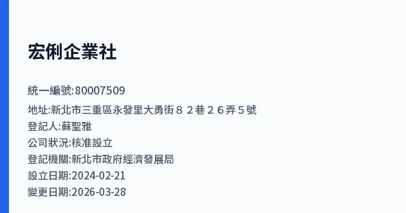 宏俐企業社的照片-統編 80007509(新北市) 公司登記資料與營業項目詳細圖表