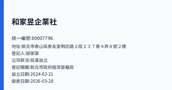 和家昱企業社的照片-統編 80007796(新北市) 公司登記資料與營業項目詳細圖表