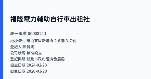 福隆電力輔助自行車出租社的照片-統編 80008211(新北市) 公司登記資料與營業項目詳細圖表