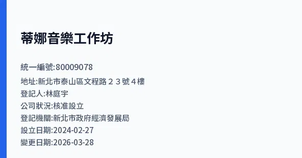 蒂娜音樂工作坊的照片-統編 80009078(新北市) 公司登記資料與營業項目詳細圖表