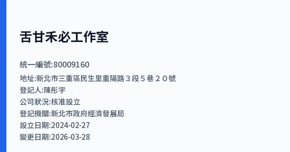 舌甘禾必工作室的照片-統編 80009160(新北市) 公司登記資料與營業項目詳細圖表