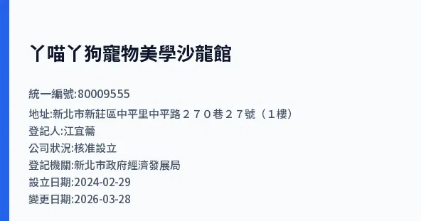 丫喵丫狗寵物美學沙龍館的照片-統編 80009555(新北市) 公司登記資料與營業項目詳細圖表