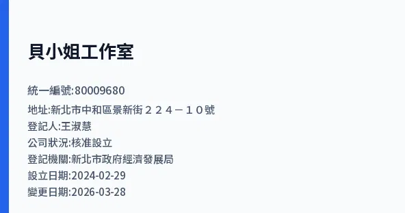 貝小姐工作室的照片-統編 80009680(新北市) 公司登記資料與營業項目詳細圖表