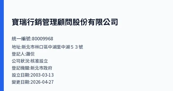 寶瑞行銷管理顧問股份有限公司的照片-統編 80009968(新北市) 公司登記資料與營業項目詳細圖表