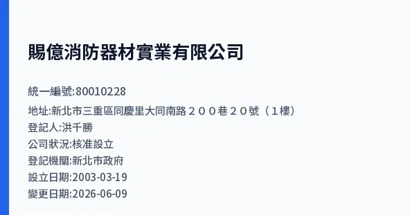 賜億消防器材實業有限公司的照片-統編 80010228(新北市) 公司登記資料與營業項目詳細圖表