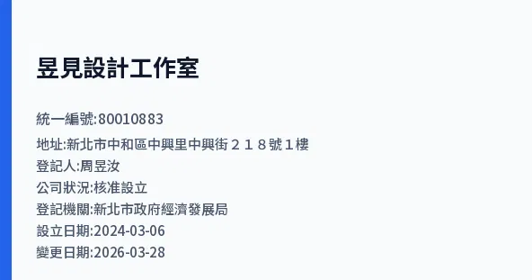 昱見設計工作室的照片-統編 80010883(新北市) 公司登記資料與營業項目詳細圖表