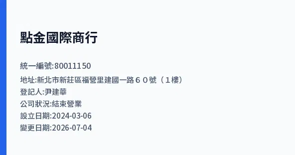 點金國際商行的照片-統編 80011150(新北市) 公司登記資料與營業項目詳細圖表