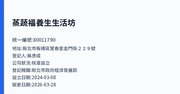 蒸蔬福養生生活坊的照片-統編 80011790(新北市) 公司登記資料與營業項目詳細圖表