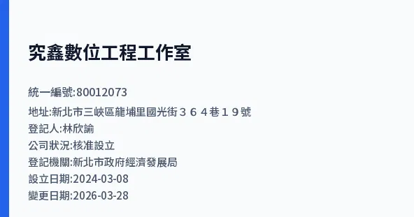 究鑫數位工程工作室的照片-統編 80012073(新北市) 公司登記資料與營業項目詳細圖表