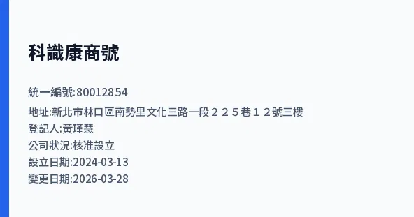 科識康商號的照片-統編 80012854(新北市) 公司登記資料與營業項目詳細圖表
