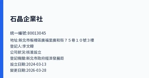 石晶企業社的照片-統編 80013045(新北市) 公司登記資料與營業項目詳細圖表