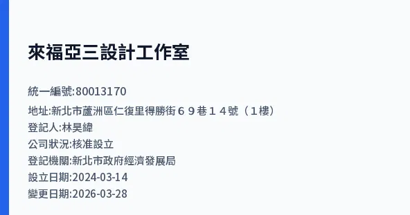 來福亞三設計工作室的照片-統編 80013170(新北市) 公司登記資料與營業項目詳細圖表