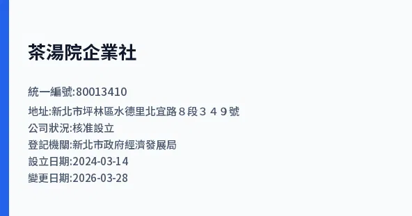 茶湯院企業社的照片-統編 80013410(新北市) 公司登記資料與營業項目詳細圖表