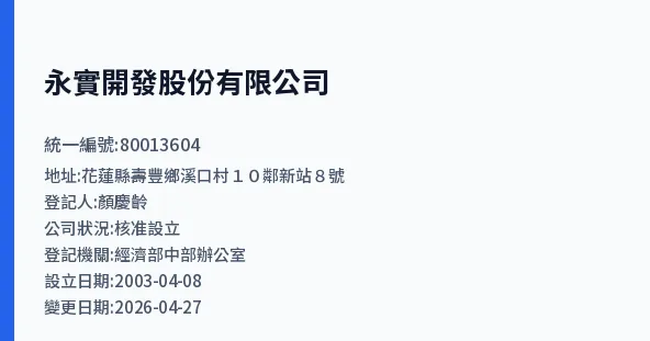 永實開發股份有限公司的照片-統編 80013604(花蓮縣) 公司登記資料與營業項目詳細圖表