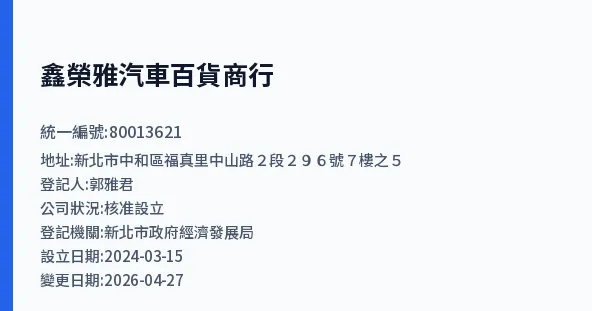 鑫榮雅汽車百貨商行的照片-統編 80013621(新北市) 公司登記資料與營業項目詳細圖表