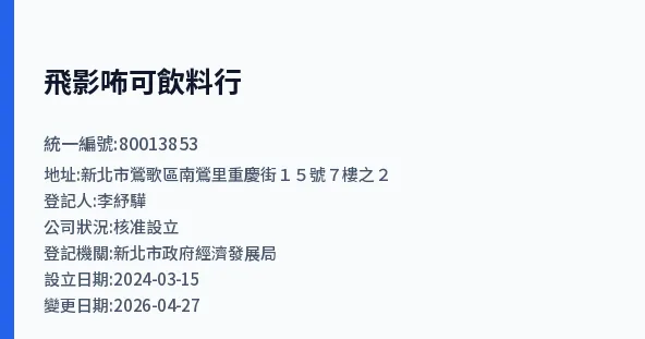 飛影咘可飲料行的照片-統編 80013853(新北市) 公司登記資料與營業項目詳細圖表