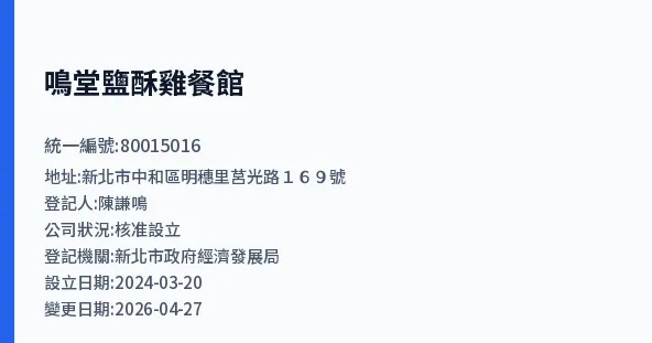 鳴堂鹽酥雞餐館的照片-統編 80015016(新北市) 公司登記資料與營業項目詳細圖表