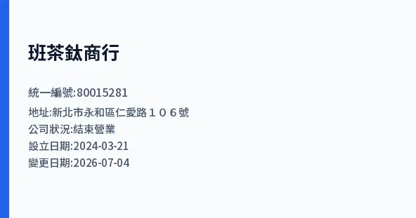 班茶鈦商行的照片-統編 80015281(新北市) 公司登記資料與營業項目詳細圖表