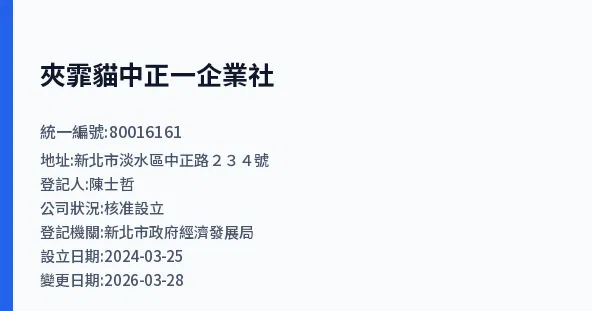 夾霏貓中正一企業社的照片-統編 80016161(新北市) 公司登記資料與營業項目詳細圖表