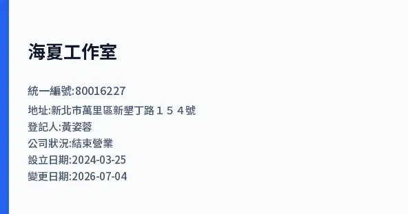 海夏工作室的照片-統編 80016227(新北市) 公司登記資料與營業項目詳細圖表