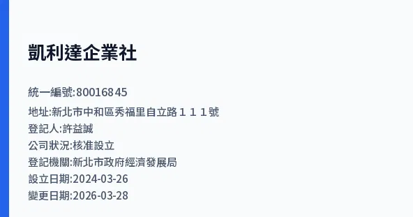 凱利達企業社的照片-統編 80016845(新北市) 公司登記資料與營業項目詳細圖表