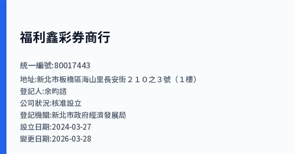福利鑫彩券商行的照片-統編 80017443(新北市) 公司登記資料與營業項目詳細圖表