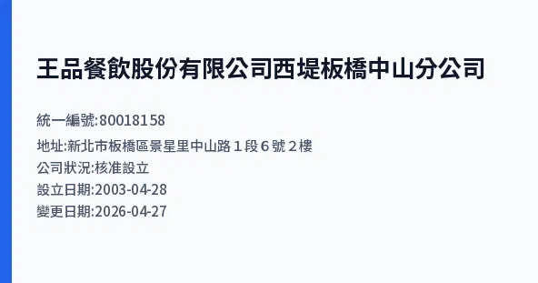 王品餐飲股份有限公司西堤板橋中山分公司的照片-統編 80018158(新北市) 公司登記資料與營業項目詳細圖表