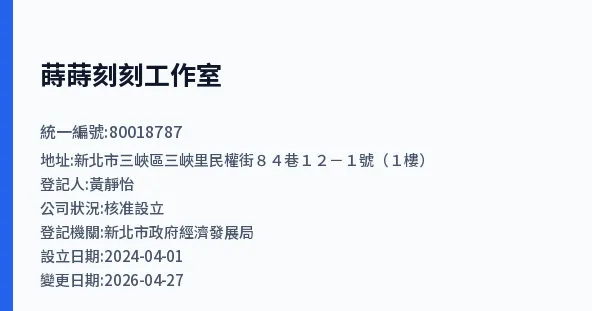 蒔蒔刻刻工作室的照片-統編 80018787(新北市) 公司登記資料與營業項目詳細圖表