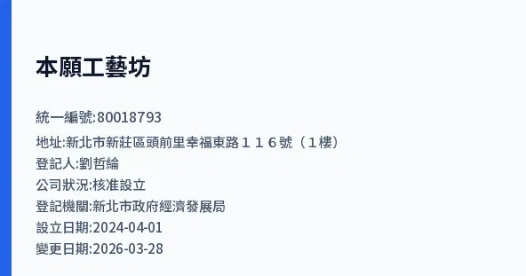 本願工藝坊的照片-統編 80018793(新北市) 公司登記資料與營業項目詳細圖表