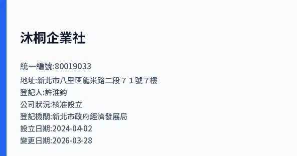 沐桐企業社的照片-統編 80019033(新北市) 公司登記資料與營業項目詳細圖表