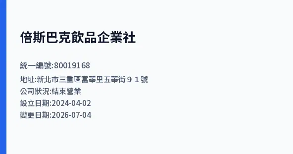 倍斯巴克飲品企業社的照片-統編 80019168(新北市) 公司登記資料與營業項目詳細圖表