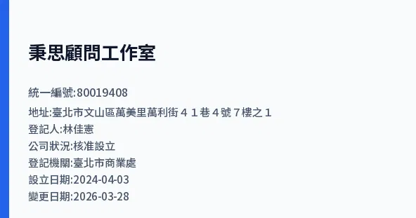 秉思顧問工作室的照片-統編 80019408(臺北市) 公司登記資料與營業項目詳細圖表