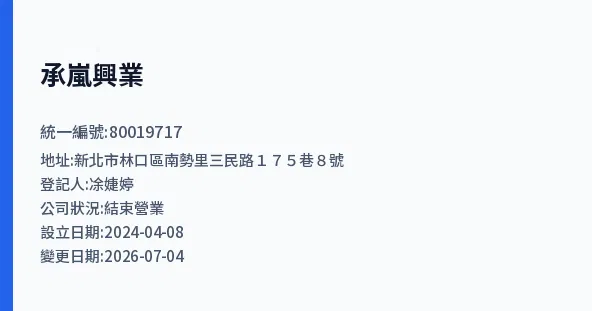 承嵐興業的照片-統編 80019717(新北市) 公司登記資料與營業項目詳細圖表
