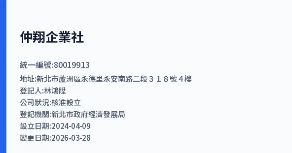 仲翔企業社的照片-統編 80019913(新北市) 公司登記資料與營業項目詳細圖表