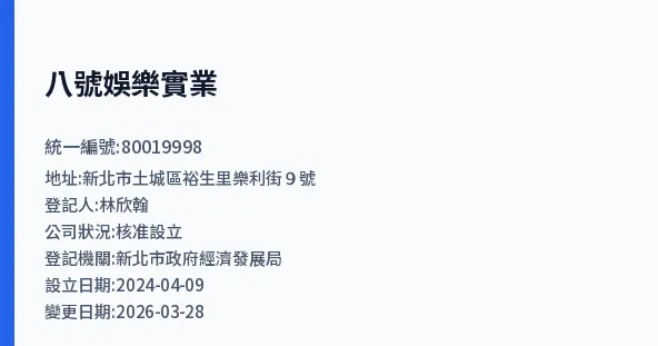 八號娛樂實業的照片-統編 80019998(新北市) 公司登記資料與營業項目詳細圖表