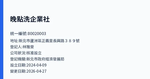 晚點洗企業社的照片-統編 80020003(新北市) 公司登記資料與營業項目詳細圖表
