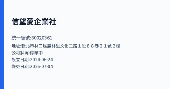 信望愛企業社的照片-統編 80020361(新北市) 公司登記資料與營業項目詳細圖表