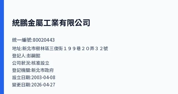 統鵬金屬工業有限公司的照片-統編 80020443(新北市) 公司登記資料與營業項目詳細圖表
