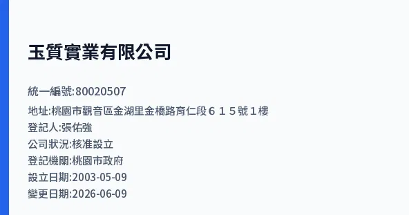 玉質實業有限公司的照片-統編 80020507(桃園市) 公司登記資料與營業項目詳細圖表