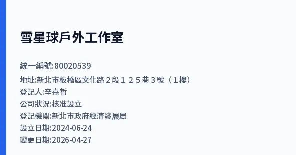 雪星球戶外工作室的照片-統編 80020539(新北市) 公司登記資料與營業項目詳細圖表