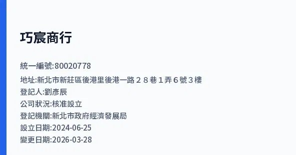巧宸商行的照片-統編 80020778(新北市) 公司登記資料與營業項目詳細圖表
