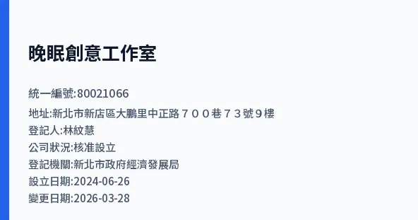 晚眠創意工作室的照片-統編 80021066(新北市) 公司登記資料與營業項目詳細圖表