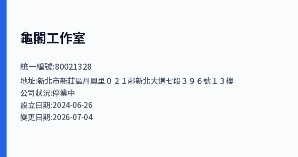 龜閣工作室的照片-統編 80021328(新北市) 公司登記資料與營業項目詳細圖表
