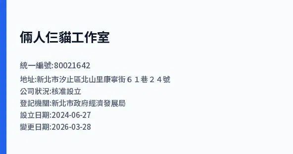 倆人仨貓工作室的照片-統編 80021642(新北市) 公司登記資料與營業項目詳細圖表