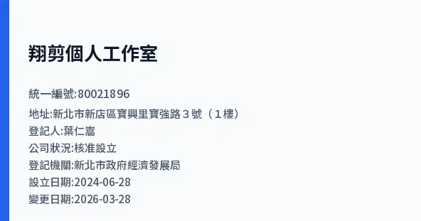 翔剪個人工作室的照片-統編 80021896(新北市) 公司登記資料與營業項目詳細圖表