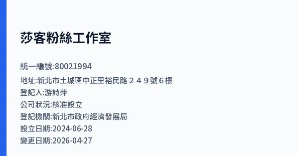 莎客粉絲工作室的照片-統編 80021994(新北市) 公司登記資料與營業項目詳細圖表