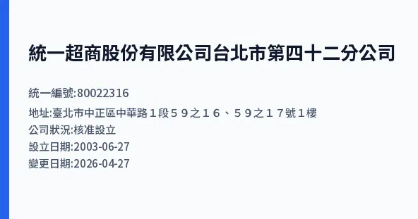 統一超商股份有限公司台北市第四十二分公司的照片-統編 80022316(臺北市) 公司登記資料與營業項目詳細圖表