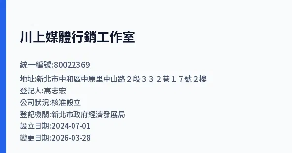川上媒體行銷工作室的照片-統編 80022369(新北市) 公司登記資料與營業項目詳細圖表