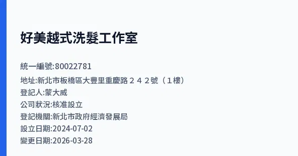 好美越式洗髮工作室的照片-統編 80022781(新北市) 公司登記資料與營業項目詳細圖表