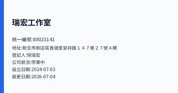 瑞宏工作室的照片-統編 80023141(新北市) 公司登記資料與營業項目詳細圖表
